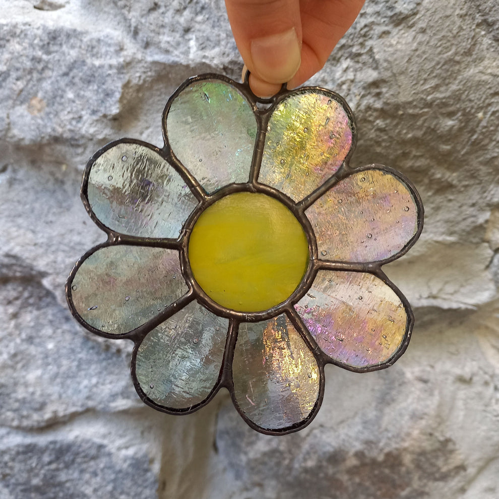 Whimsical Iridescent Clear Daisy Stained Glass Suncatcher ꞁ ZangerGlass