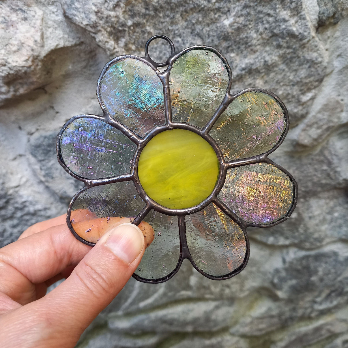 Whimsical Iridescent Clear Daisy Stained Glass Suncatcher ꞁ ZangerGlass