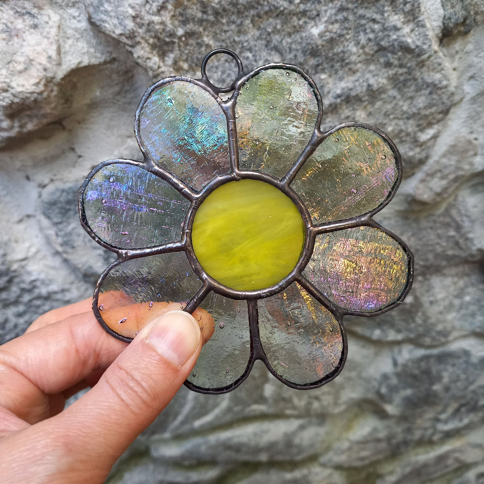 Whimsical Iridescent Clear Daisy Stained Glass Suncatcher ꞁ ZangerGlass