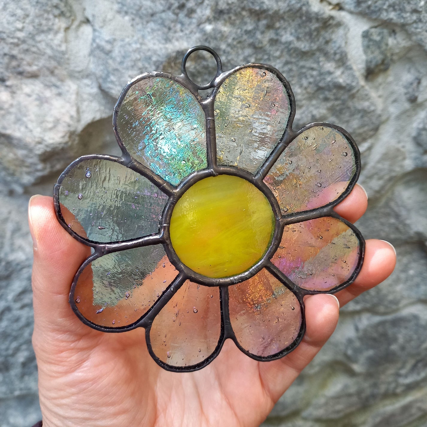Whimsical Iridescent Clear Daisy Stained Glass Suncatcher ꞁ ZangerGlass