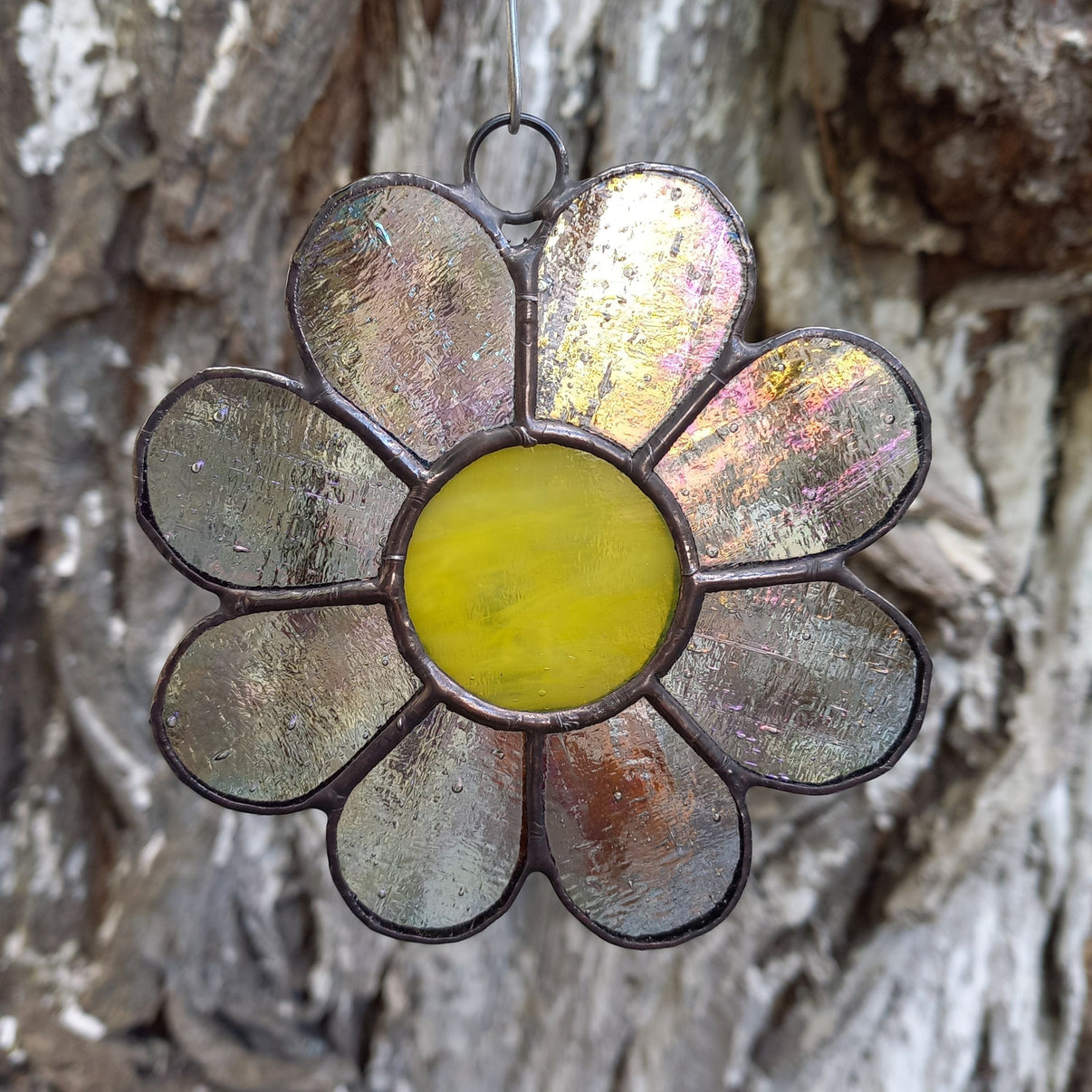 Whimsical Iridescent Clear Daisy Stained Glass Suncatcher ꞁ ZangerGlass