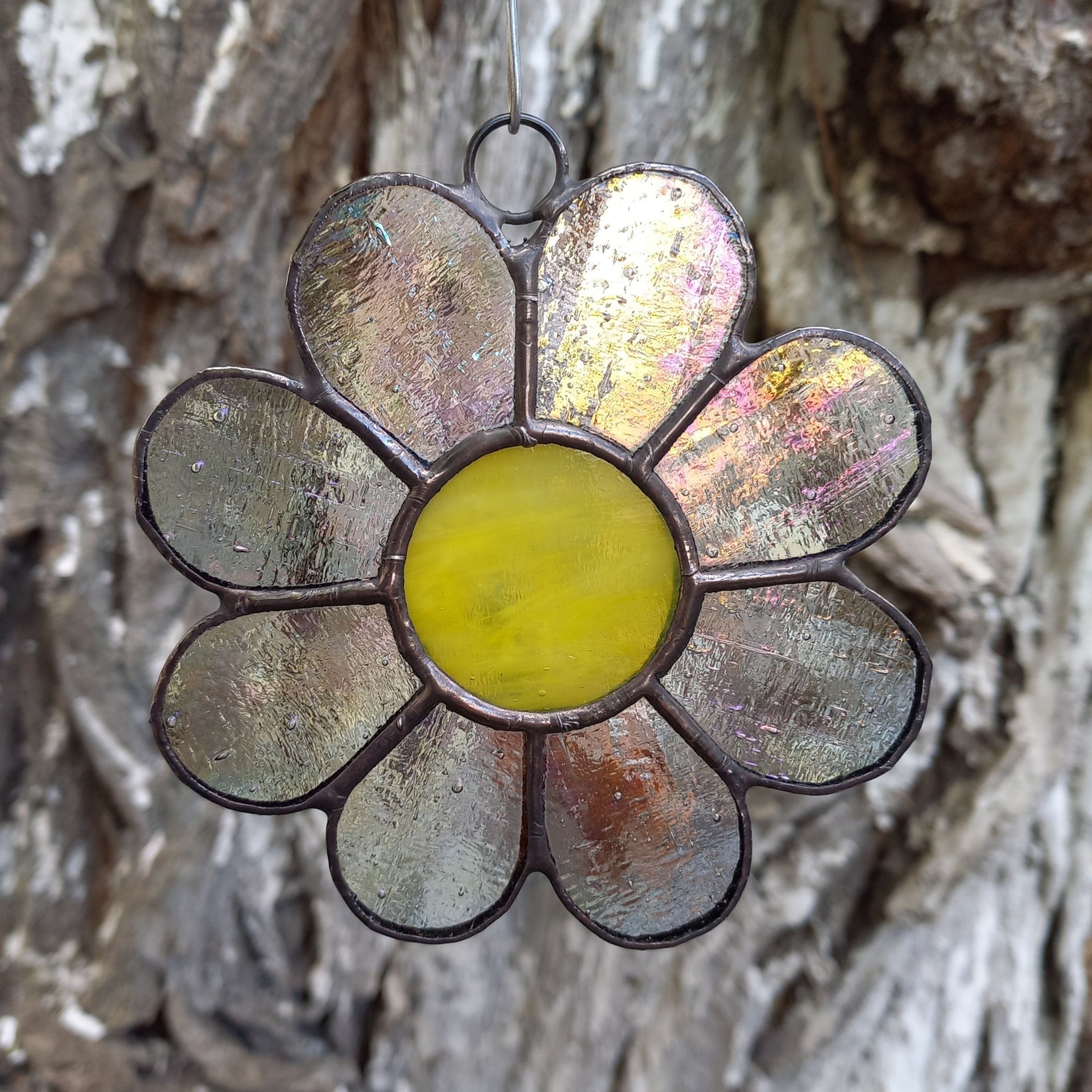 Whimsical Iridescent Clear Daisy Stained Glass Suncatcher ꞁ ZangerGlass