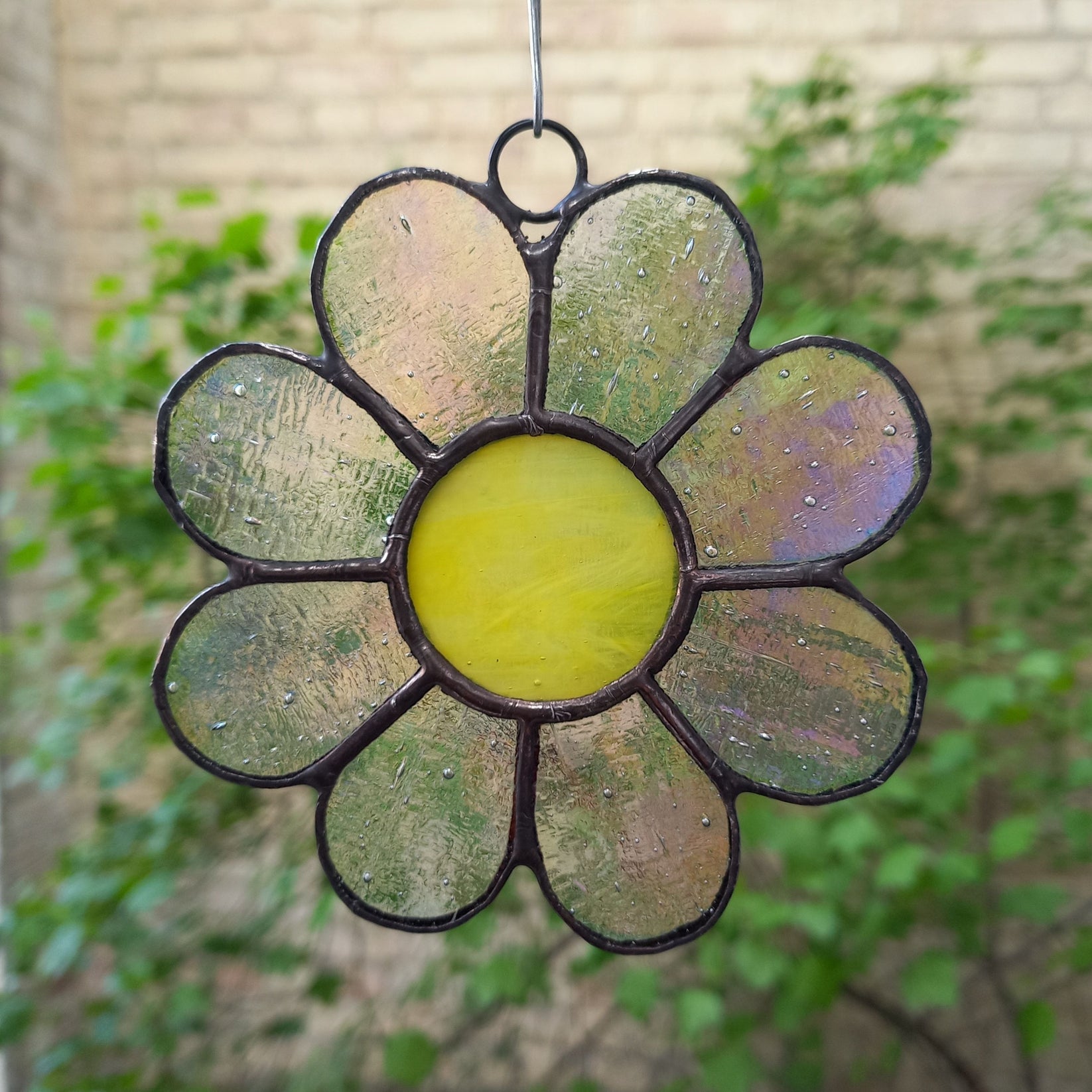 Whimsical Iridescent Clear Daisy Stained Glass Suncatcher ꞁ ZangerGlass