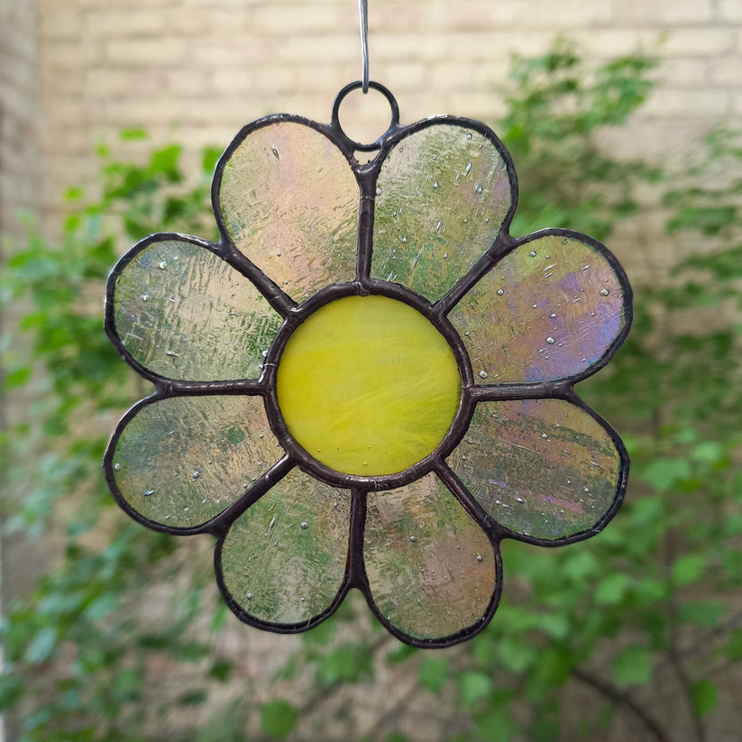 Whimsical Iridescent Clear Daisy Stained Glass Suncatcher ꞁ ZangerGlass
