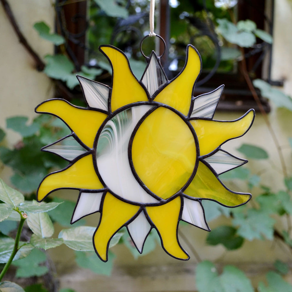 Yellow Sun and Moon Stained Glass Suncatcher ꞁ ZangerGlass
